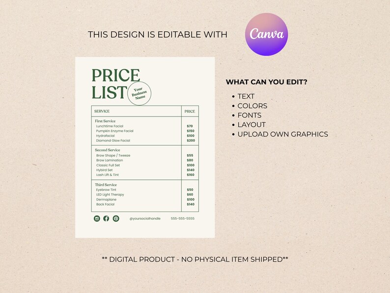 Esthetician Price List Template, Facial & Lash Service Menu, Spa Price ...