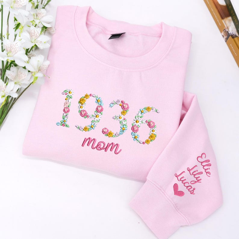 Custom Floral Embroidered Mom Sweatshirt – Personalized Kids Names ...