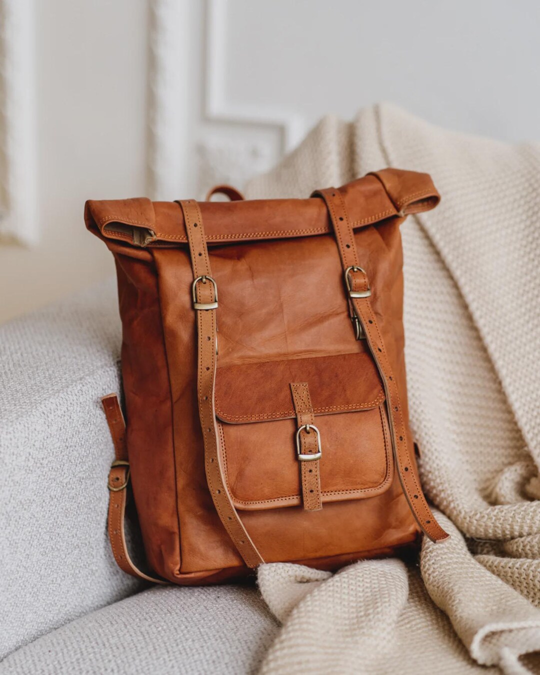 Handmade Goat Leather Roll-top Backpack | Laptop Rucksack - Etsy