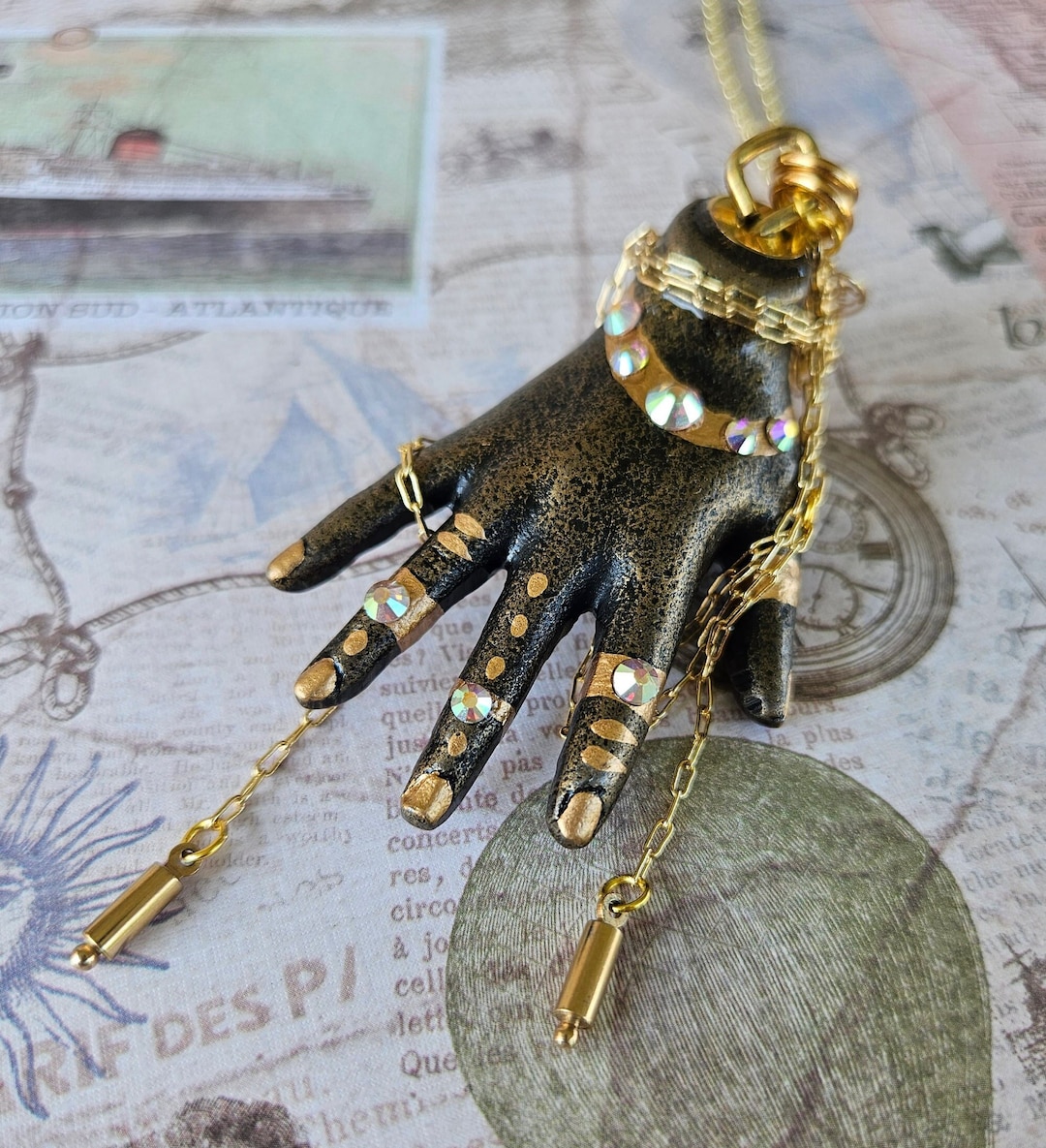 Metal Fortune Teller Gold Paint Hand Rhinestones Brown Eye Chains ...