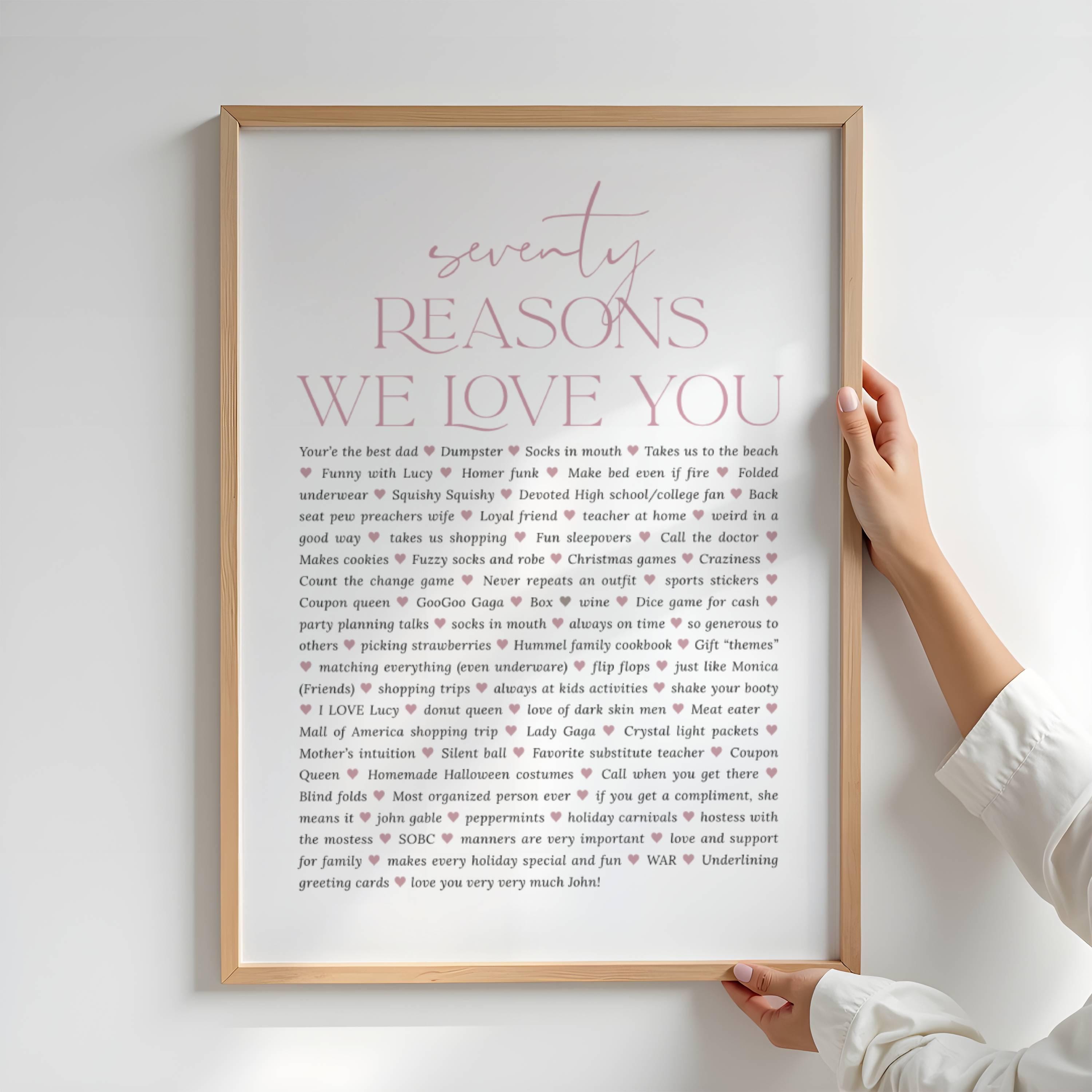 70 Reasons We Love You Poster: Personalized Birthday, Anniversary Gift ...