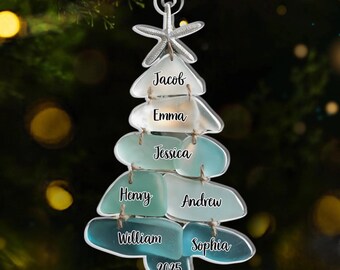 Personalized Sea Glass Family Tree 2D Flat Ornament, Custom Big Family ...