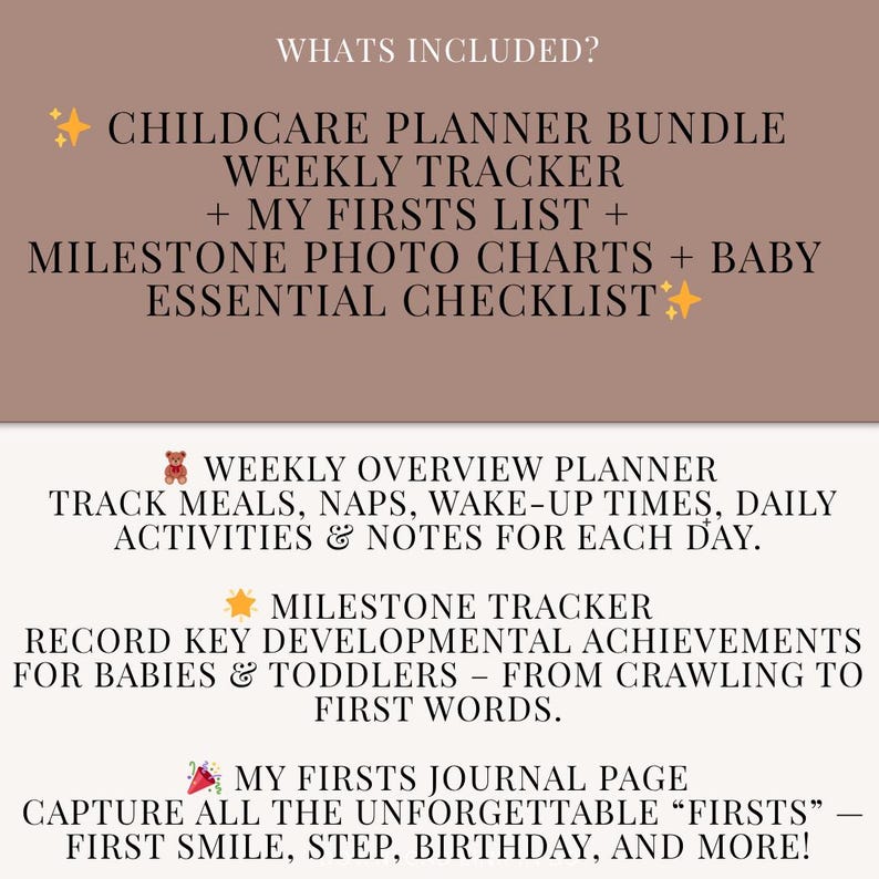 CHILDCARE PLANNER BUNDLE Weekly Tracker My Firsts Milestone Charts Baby Essential Checklist ...