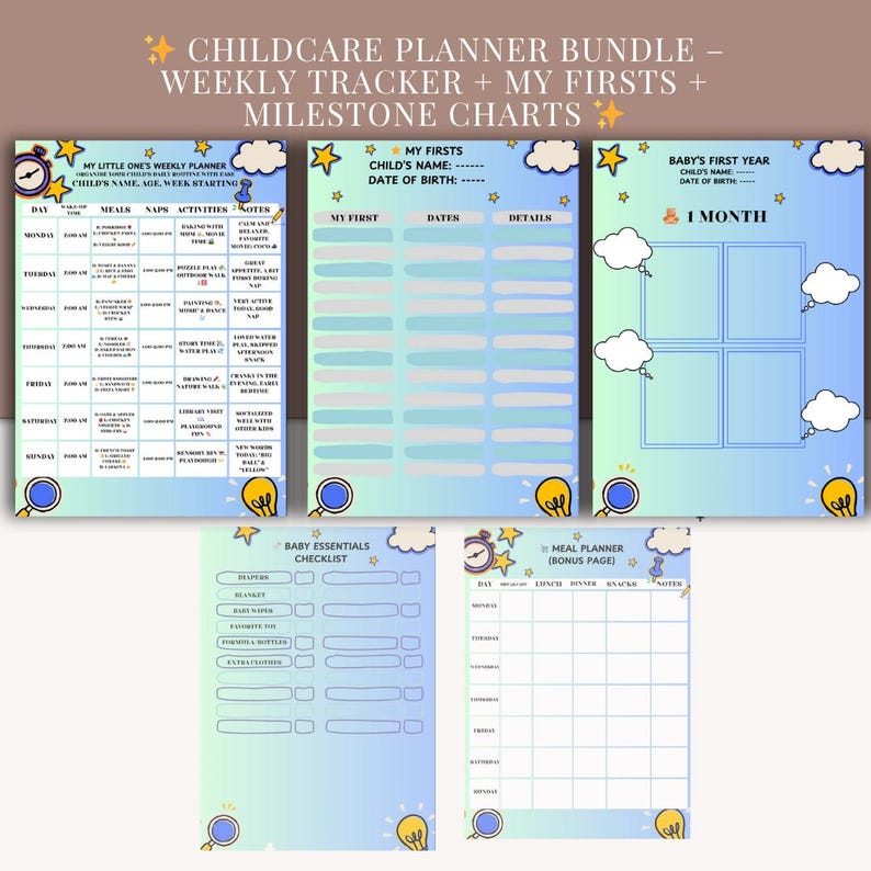 CHILDCARE PLANNER BUNDLE Weekly Tracker My Firsts Milestone Charts Baby Essential Checklist ...