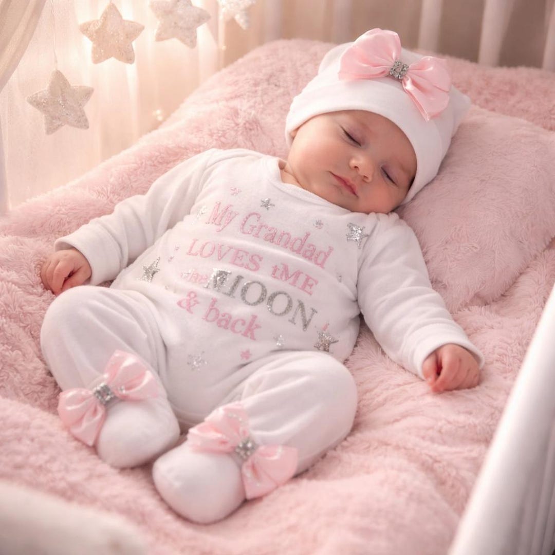 Newborn Baby Girl a FULL SET is a Sleepsuit Hat Mittens. Personalised ...