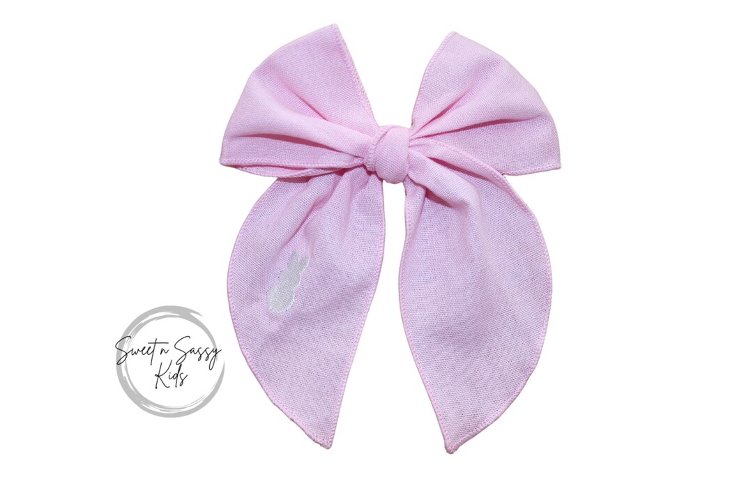 White Bunny Fable Bow, 5.5 Inch Wide, Embroidered Bow, Serged Bow ...