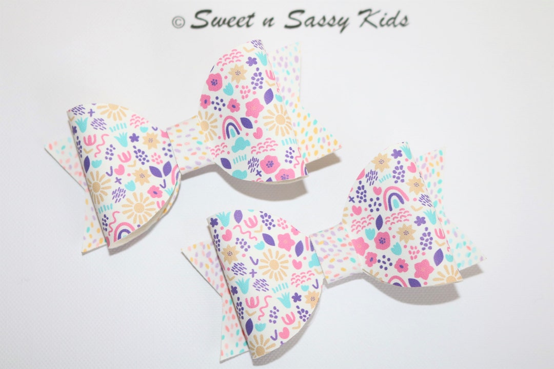 Sun and Rainbows Pigtail Set, 3 Inch Bows, Faux Leather Bows, Piggie ...
