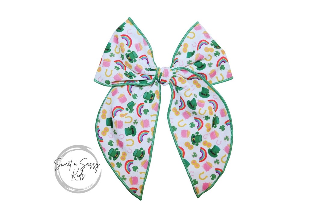 St. Patrick's Hair Bow, 5.5 Inch Bow, Pink Pot of Gold, Fabric Bow ...