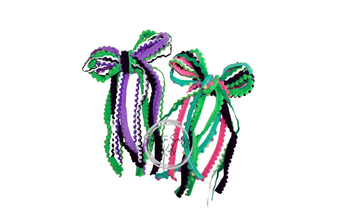 Halloween Messy Hair Bow, Funky Ribbon, Pom Poms, Long Tails, Party ...