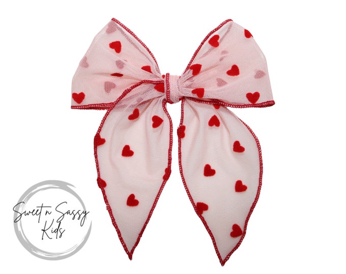 Red Hearts Tulle Fable Bow, 5 Inch Wide, Valentines Fable Bow ...