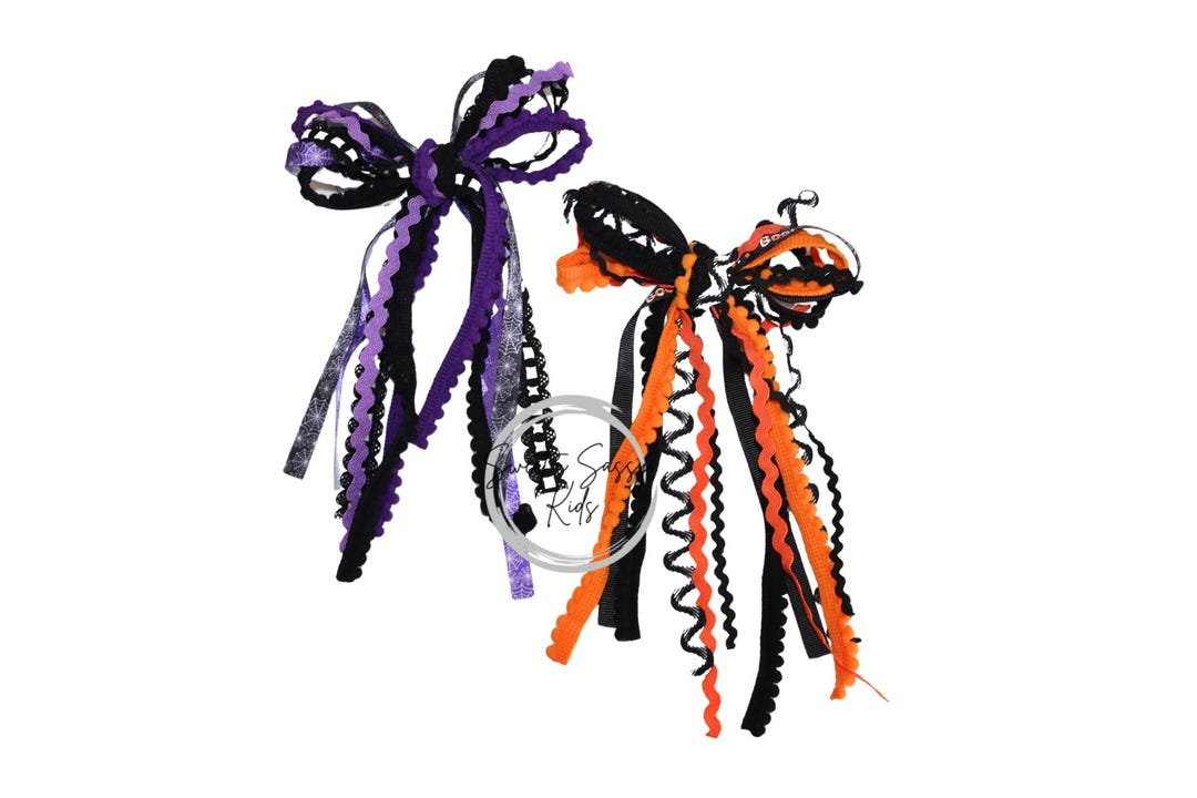 Halloween Messy Hair Bow, Funky Ribbon, Pom Poms, Long Tails, Party ...