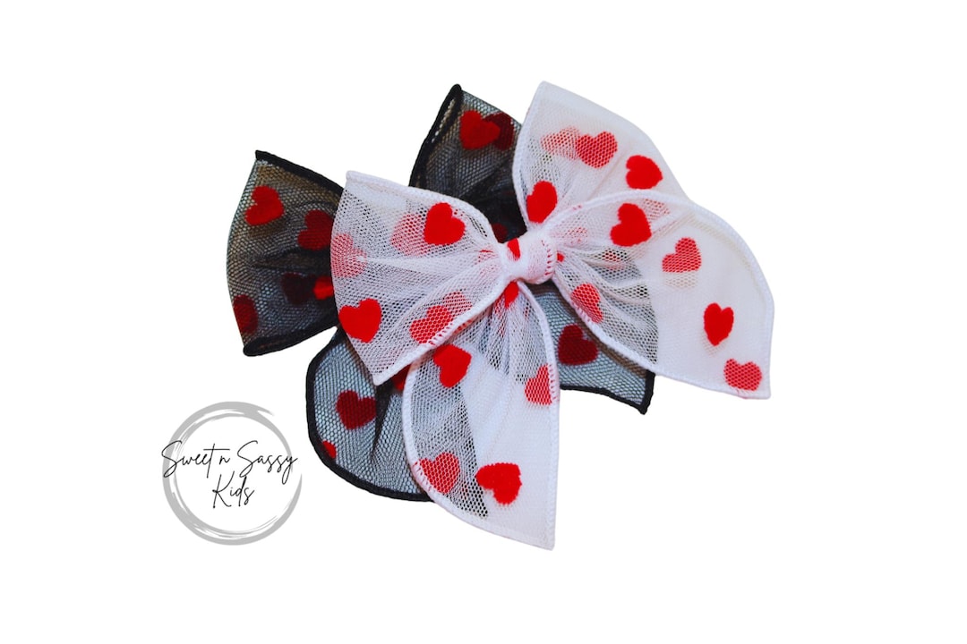 Red Heart Mesh Bow, Small Fable Bow, Valentines Hair Bow, 4 Inch Bow ...