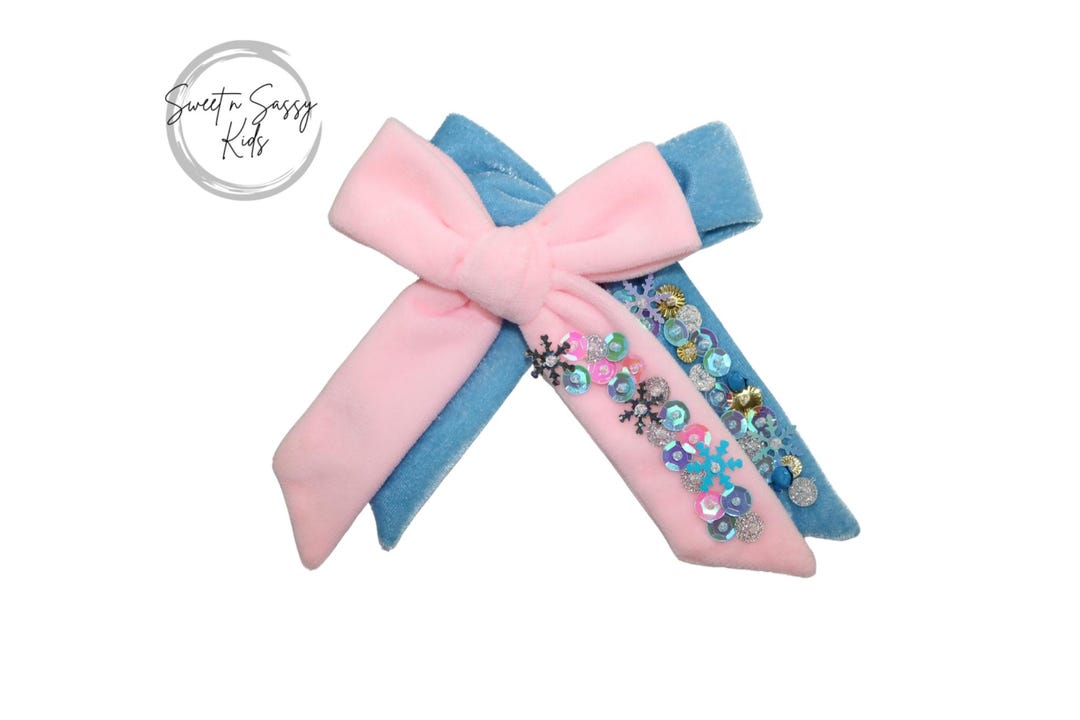 Snowflake Sequin Long Tail Bow, 4 Inch, Beaded Velvet Hair Bow, Pink ...