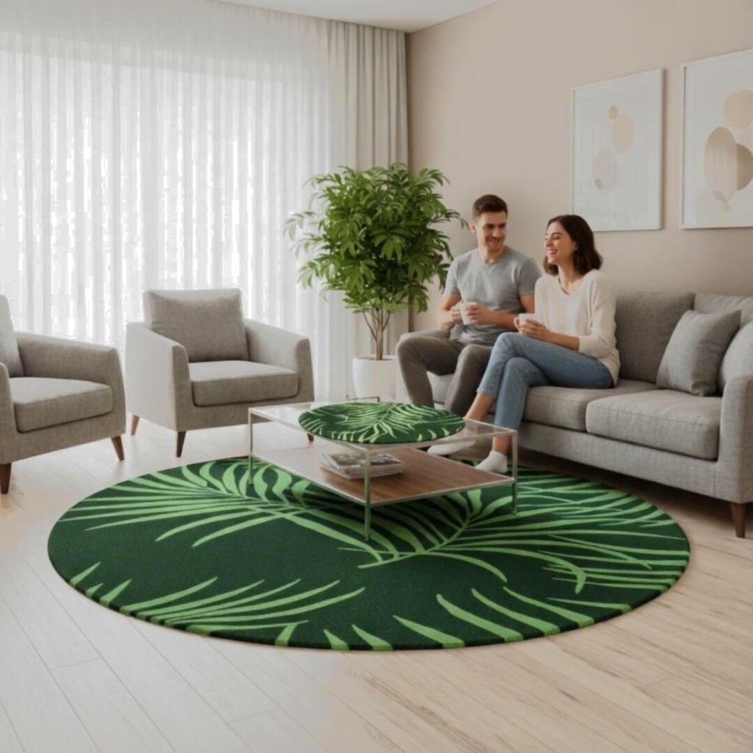 Green Tropical Leaf Round Rug for Living Room and Bedroom Nature ...