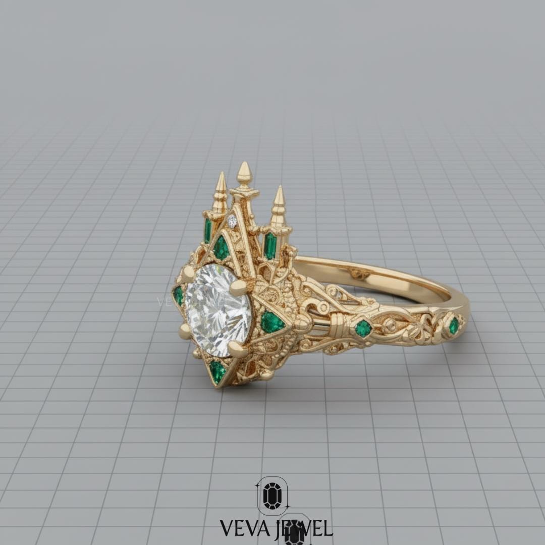 Gothic Cathedral Inspired Engagement Ring | Green & Gold Vintage Ring ...