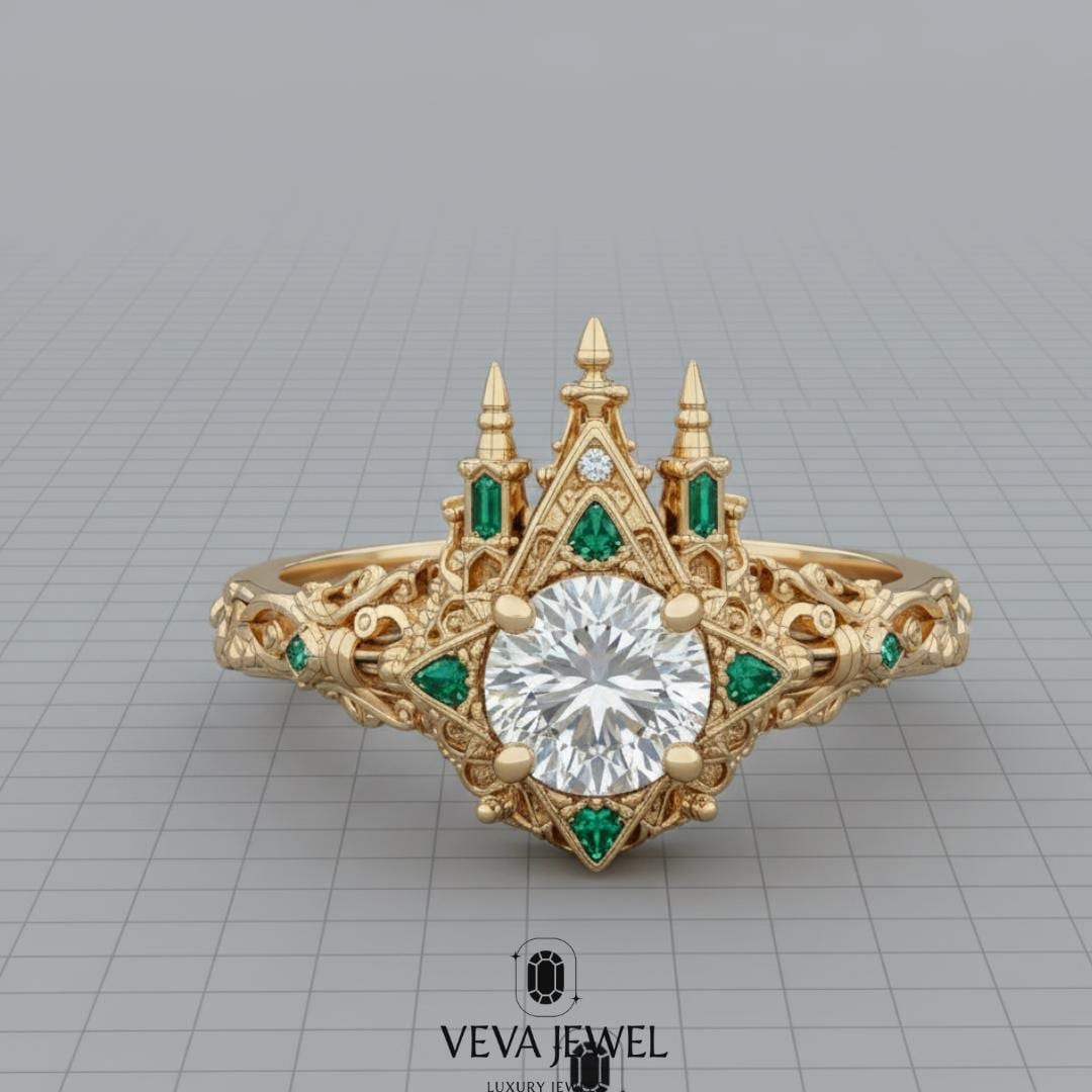 Gothic Cathedral Inspired Engagement Ring | Green & Gold Vintage Ring ...