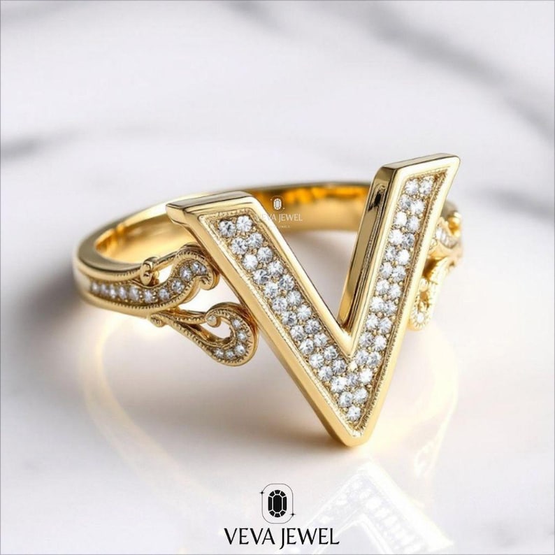 Vintage Style Gold V Diamond Ring – Custom Letter Moissanite Monogram ...