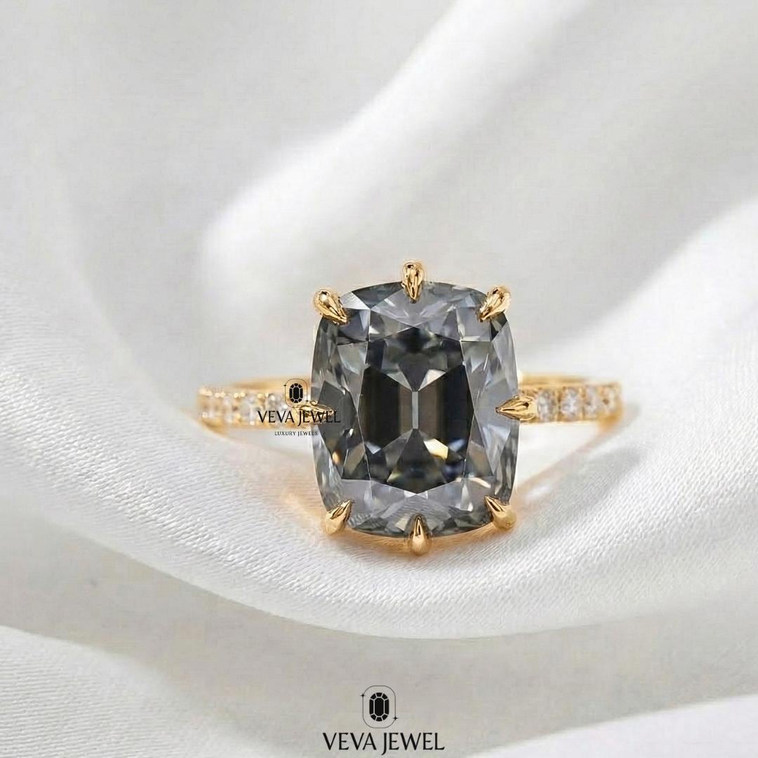 4 Carat Old Mine Cut Grey Moissanite Engagement Ring, Vintage Style ...