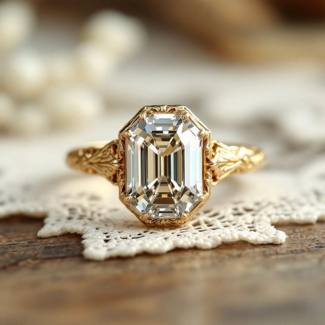 3.0 Carat Emerald Cut Vintage Engagement Ring, Art Deco Gold Ring ...