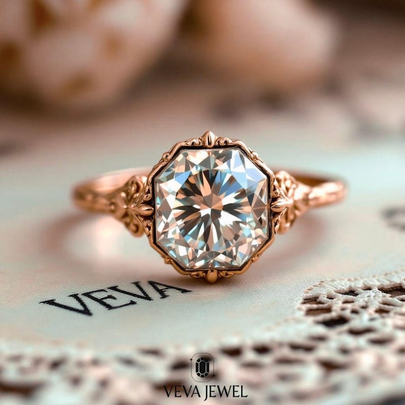 Vintage Octagon Moissanite Engagement Ring | 2.5 Carat Deco-inspired ...