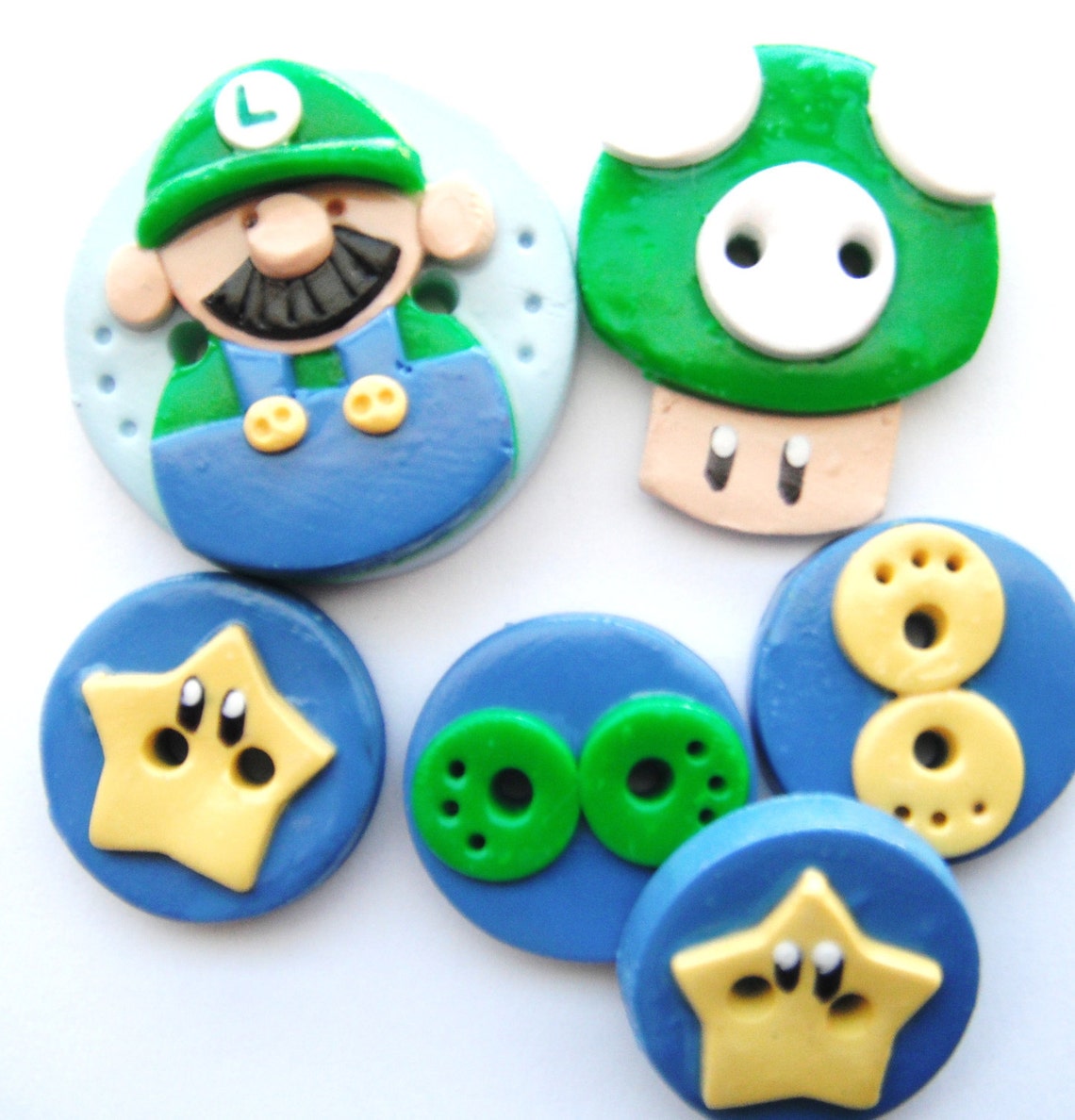 Button Green Luigi Mario Bros Handmade Polymer Clay Buttons ( 6 ) - Etsy
