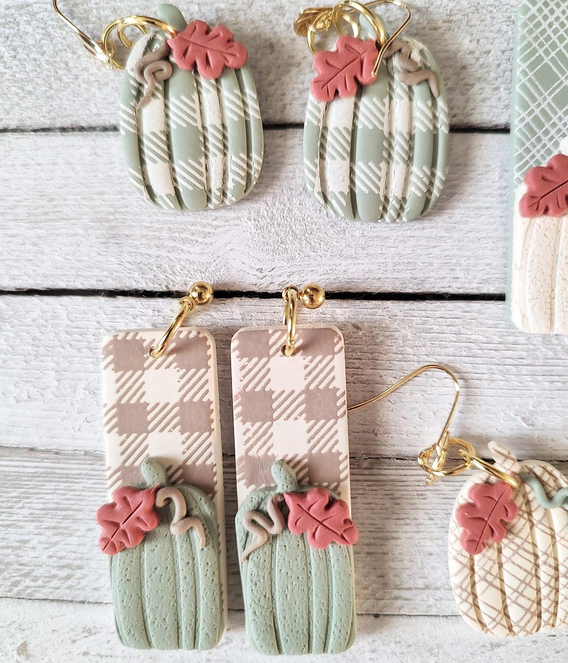 Earrings Dangle Fall Polymer Clay Pierced Handmade Pumpkin Green Cream ...