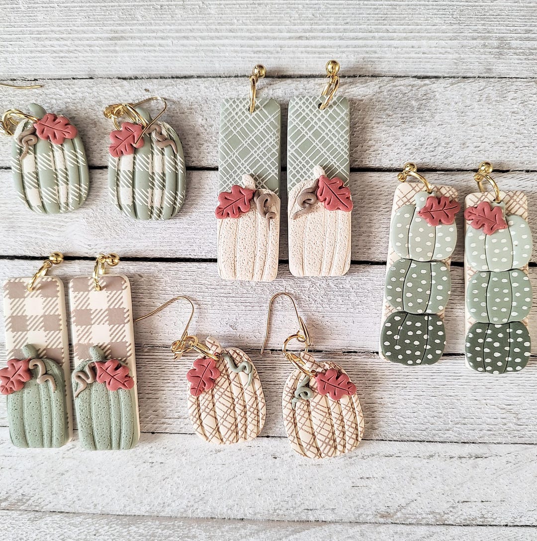 Earrings Dangle Fall Polymer Clay Pierced Handmade Pumpkin Green Cream ...