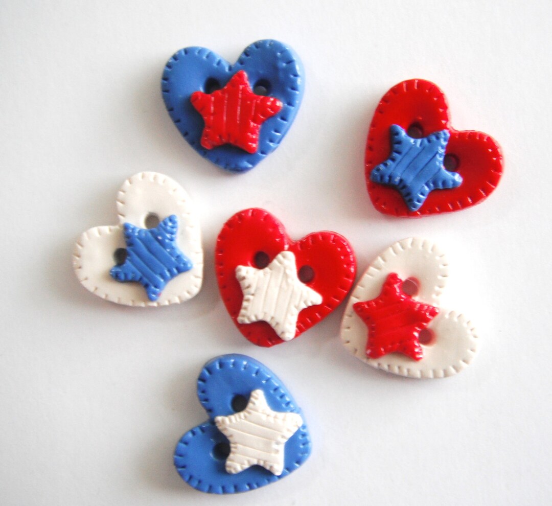 Button Patriotic Hearts With Stars Handmade Polymer Clay Buttons ( 6 ...