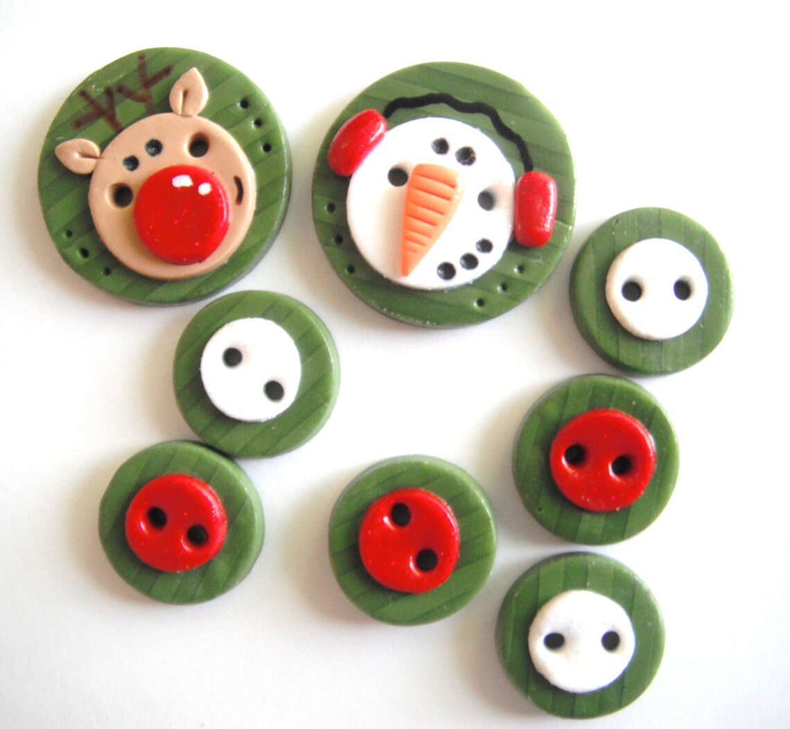 Button NEW Christmas Snowman and Rudolph Reindeer Handmade Polymer Clay ...