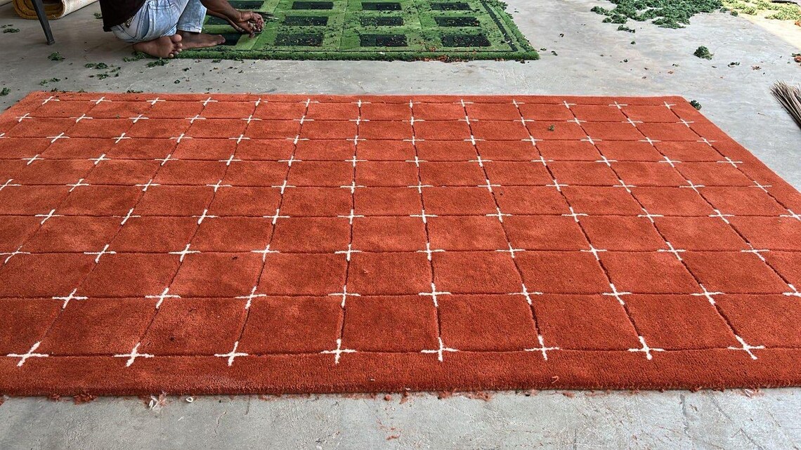 Rust Red Wool Area Rug With Modern Grid Pattern I Hand Tufted ...