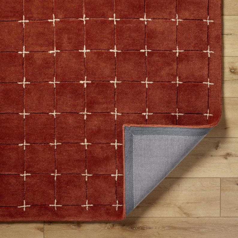 Rust Red Wool Area Rug With Modern Grid Pattern I Hand Tufted ...