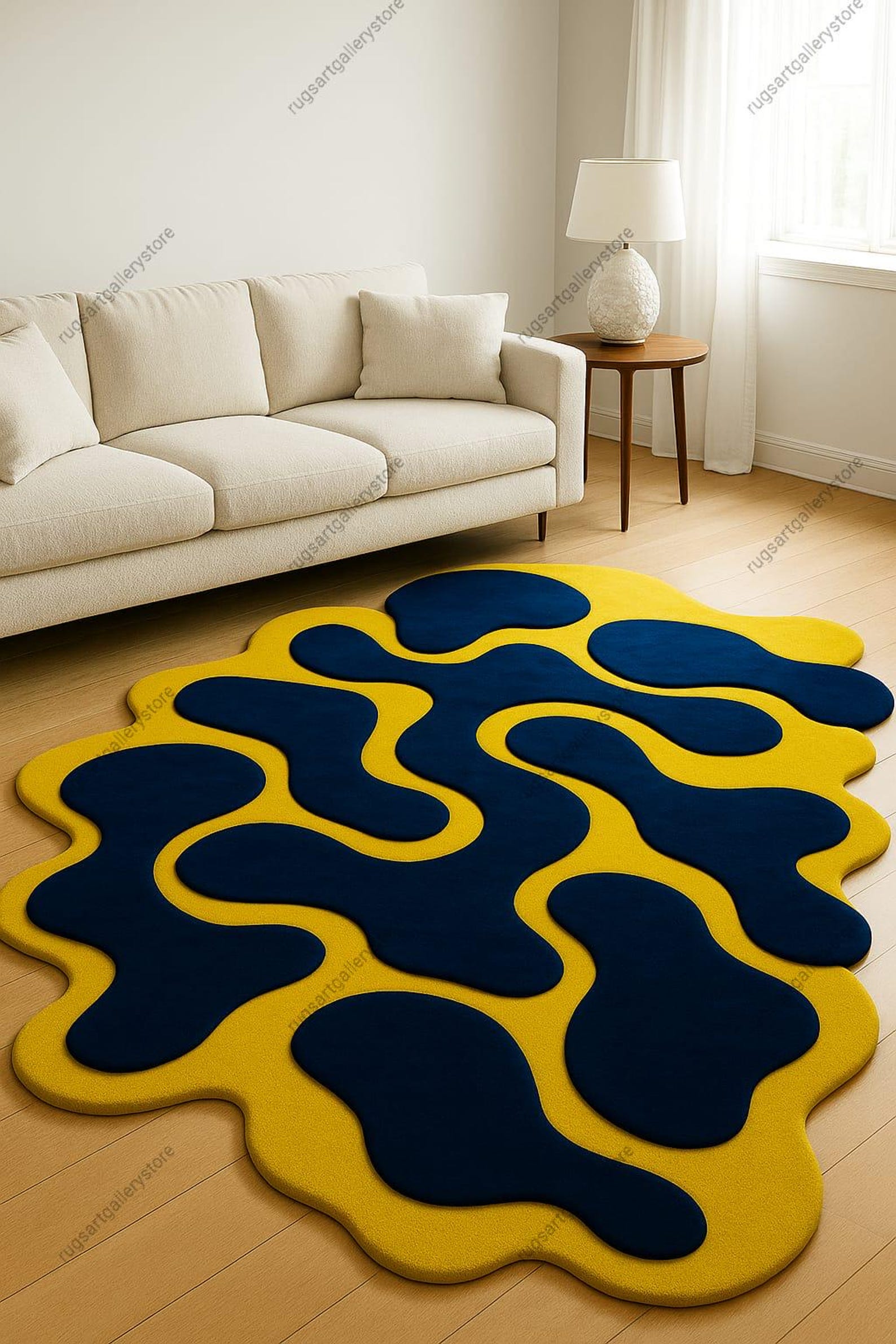 Irregular Navy Blue and Yellow Abstract Design Handmade Wool Tufted Rug ...