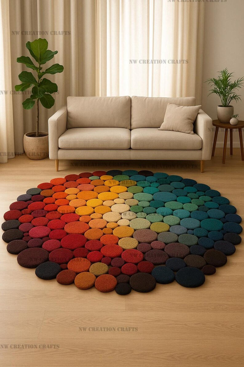 Handmade Rainbow Wool Rug: Modern Pebble Design Carpet for Living Room ...