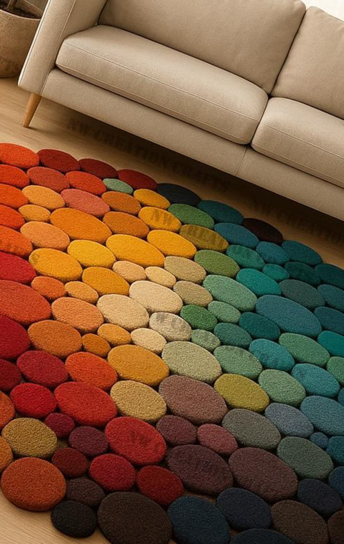 Handmade Rainbow Wool Rug: Modern Pebble Design Carpet for Living Room ...