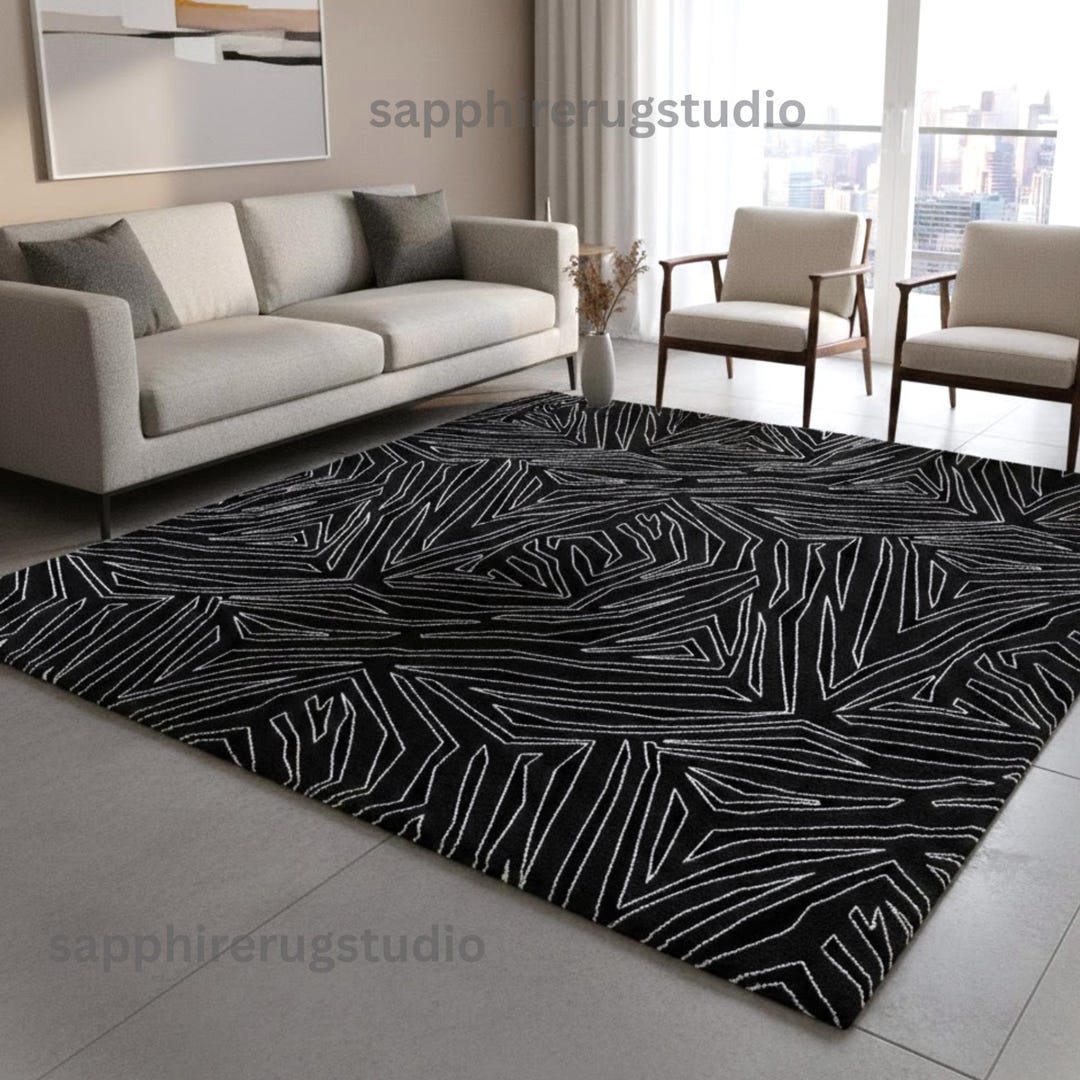 Hand Tufted Black Rug – New Zealand Wool, White PET Yarn – Modern ...