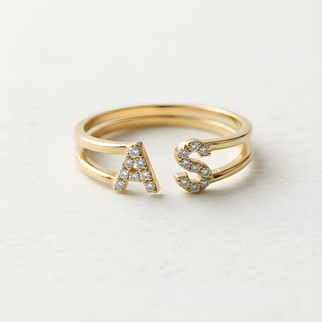 14K Gold Diamond Initial Ring, Adjustable Monogram Ring - Etsy