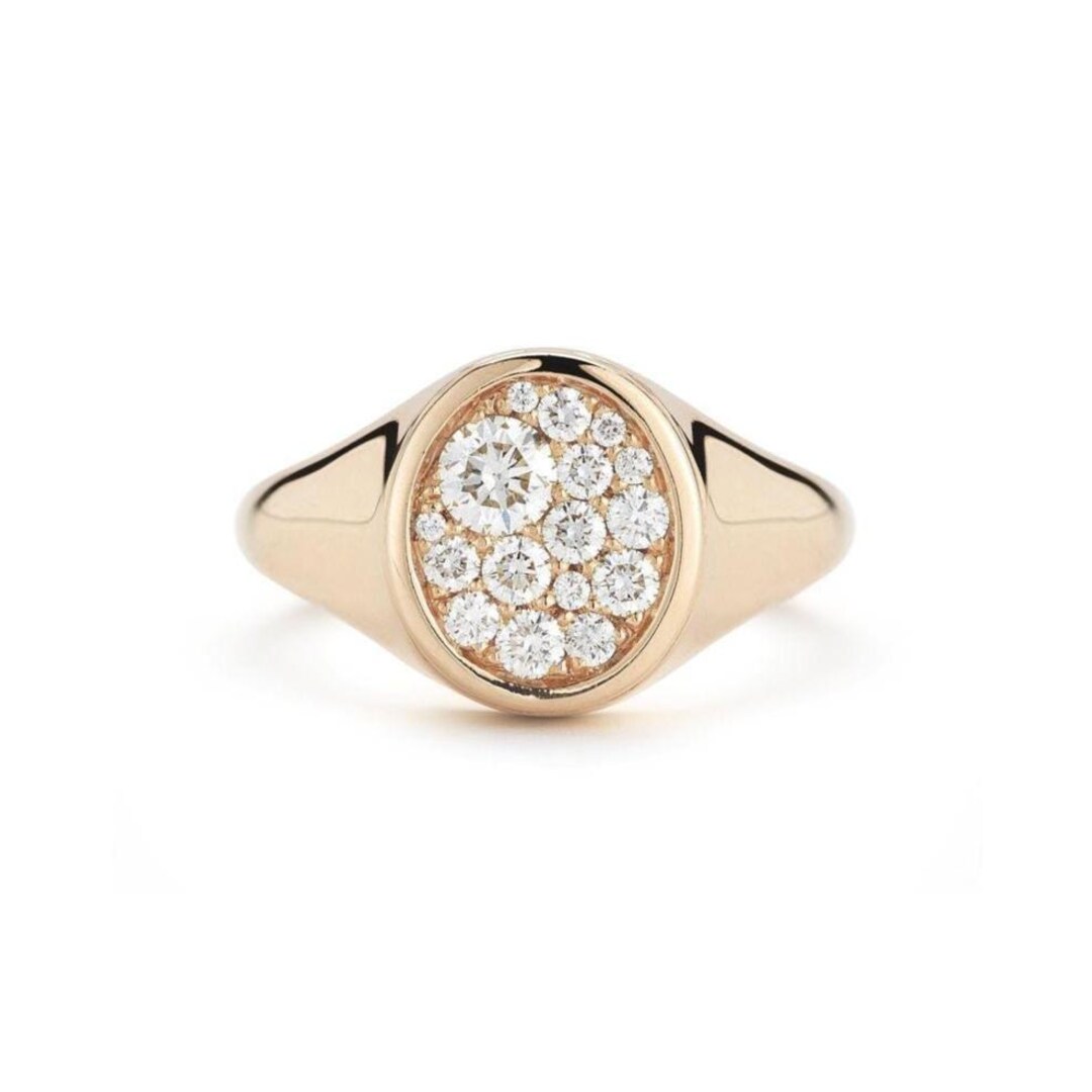 14K Gold Signet Ring, Round Brilliant Cut Diamond Ring, Vintage ...