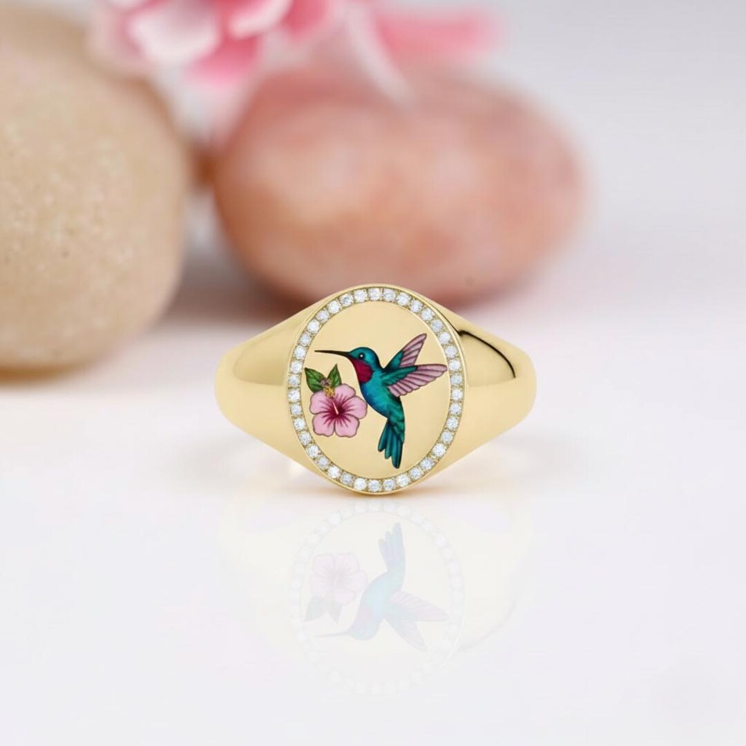 Hummingbird Enamel Signet Ring, 14K Gold Diamond Halo, Bird Ring - Etsy