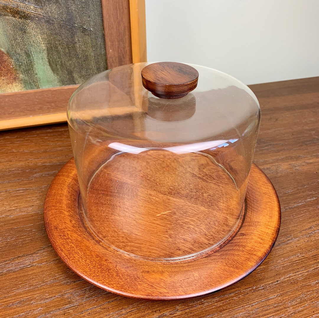 Vintage 1970s Cheese Server With Glass Dome Top and Solid Wood Base and ...