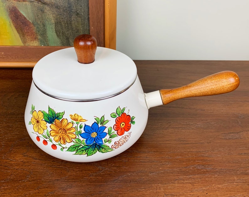 Vintage Fondue Pot White With Flowers 1970s Decorative Cooking Pot With ...