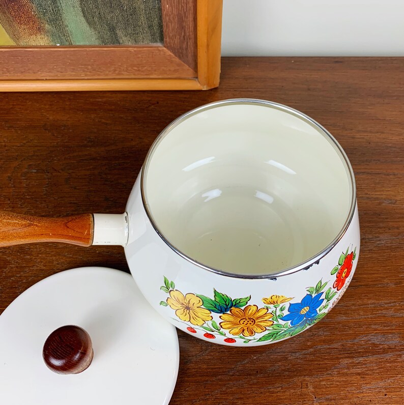 Vintage Fondue Pot White With Flowers 1970s Decorative Cooking Pot With ...
