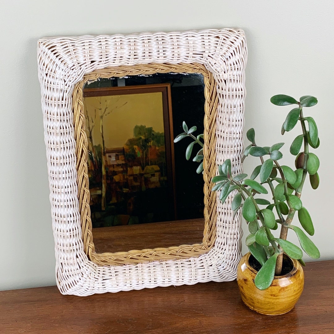 Vintage Woven Rattan Wicker Frame Wall Mirror | 1980s Gold and White ...