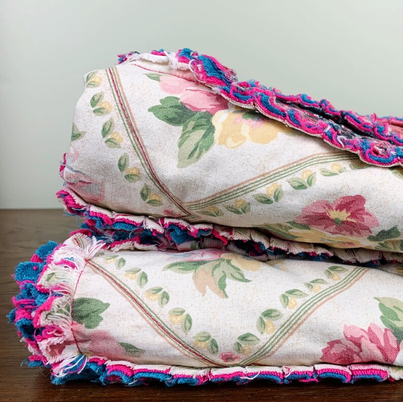 Pink and Blue Frilly Handmade Bed Quilt Vintage Throw Blanket Throw or ...