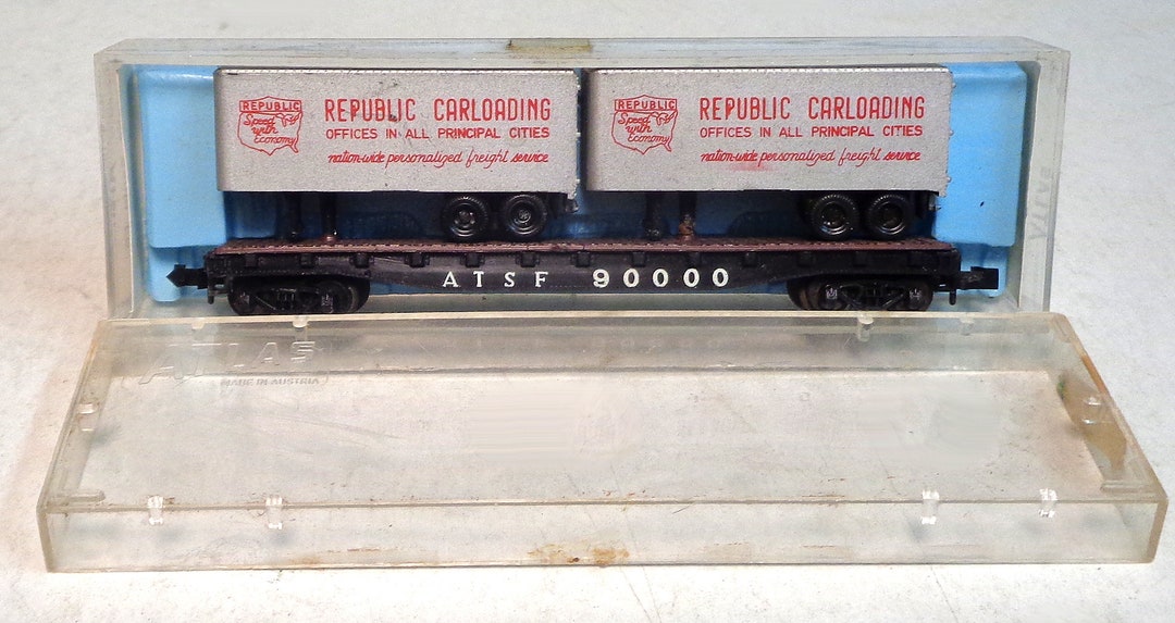 N Scale ATLAS Freight Piggy Back Flat Car With Trailer Load: "santa Fe". Very Good Condition in ...