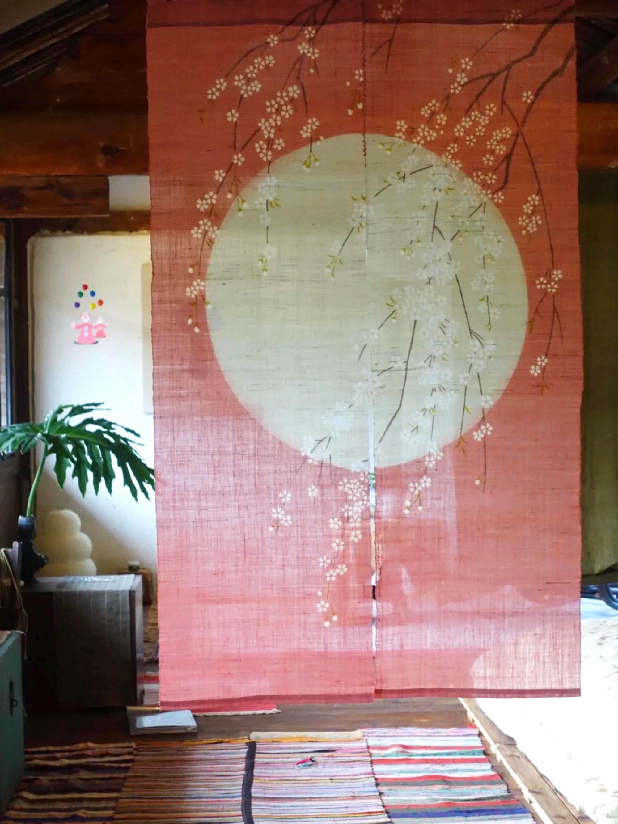 Japanese-style Art Noren Curtains, Handcrafted Pink Floral Pattern Room ...