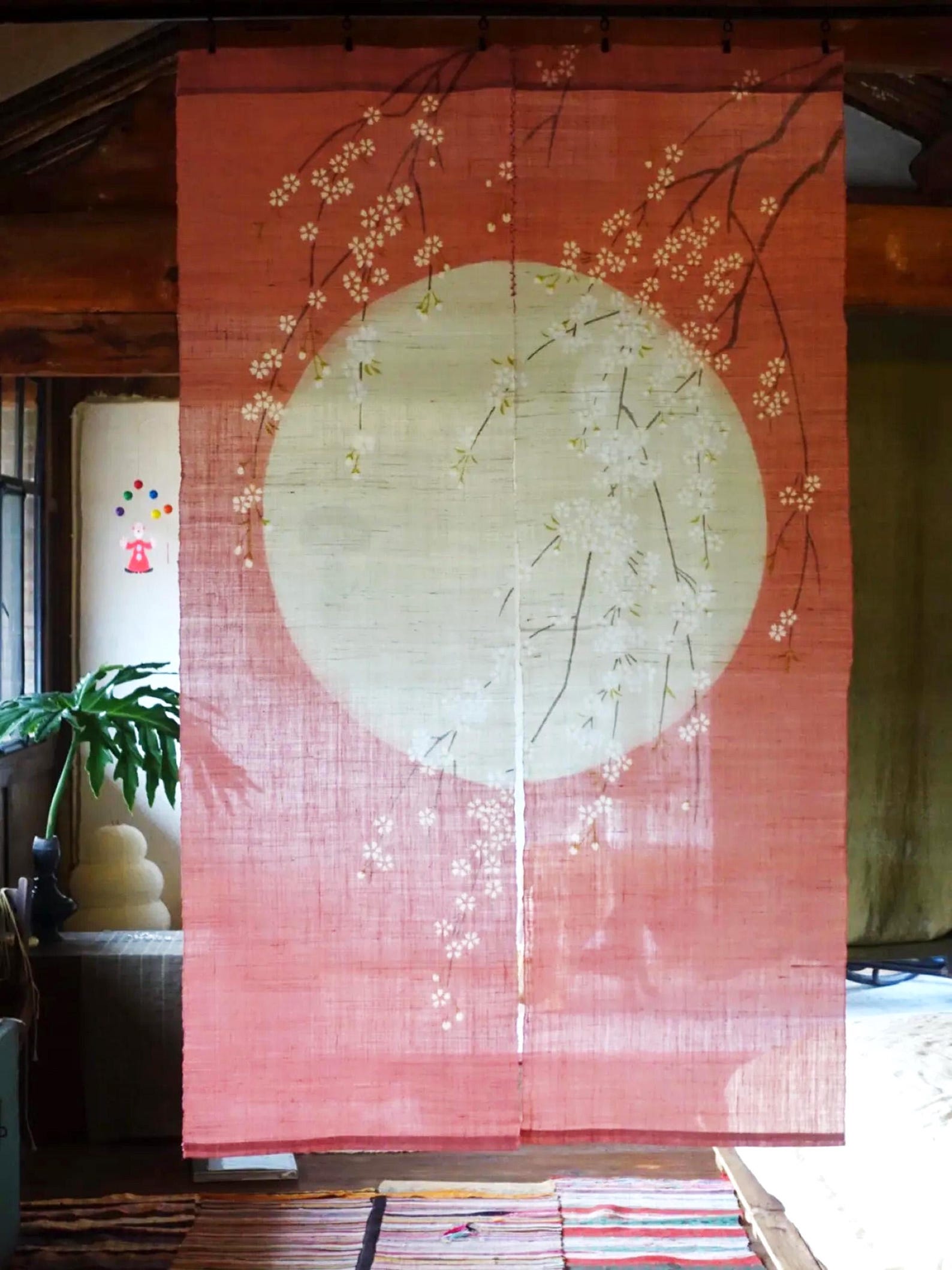 Japanese-style Art Noren Curtains, Handcrafted Pink Floral Pattern Room ...