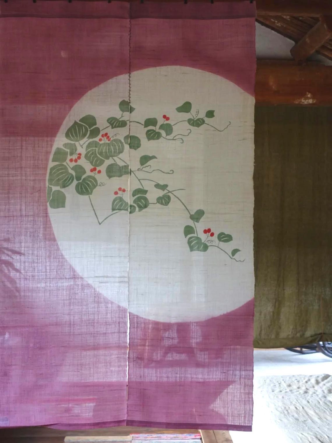 Japanese-style Art Noren Curtains, Handcrafted Pink Floral Pattern Room ...
