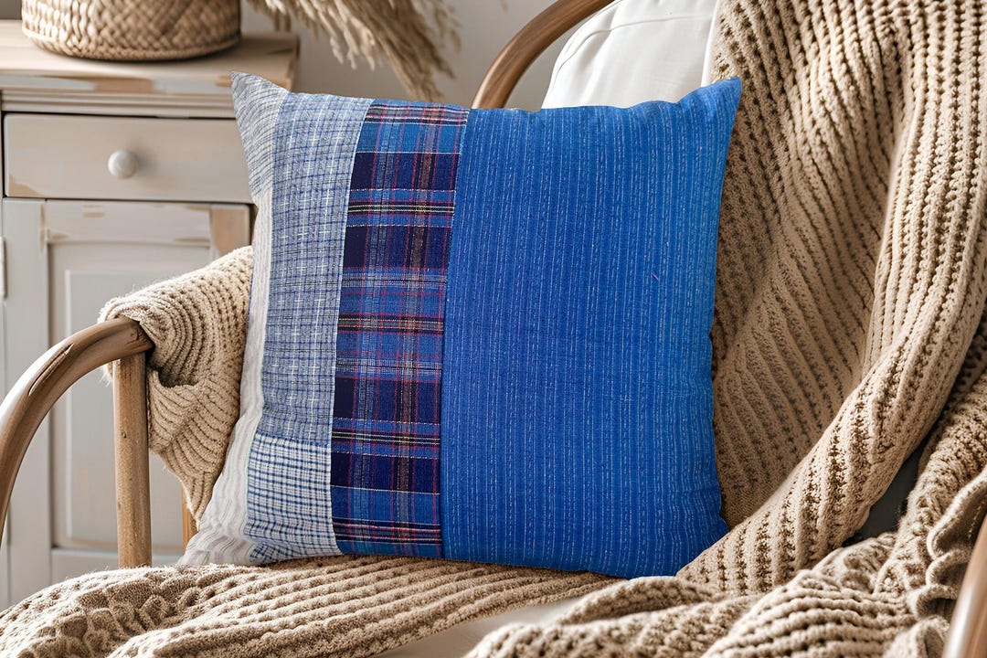 Blue Patchwork Pillow Covers, Indigo Blue Gingham Cushion Cover, Decor ...