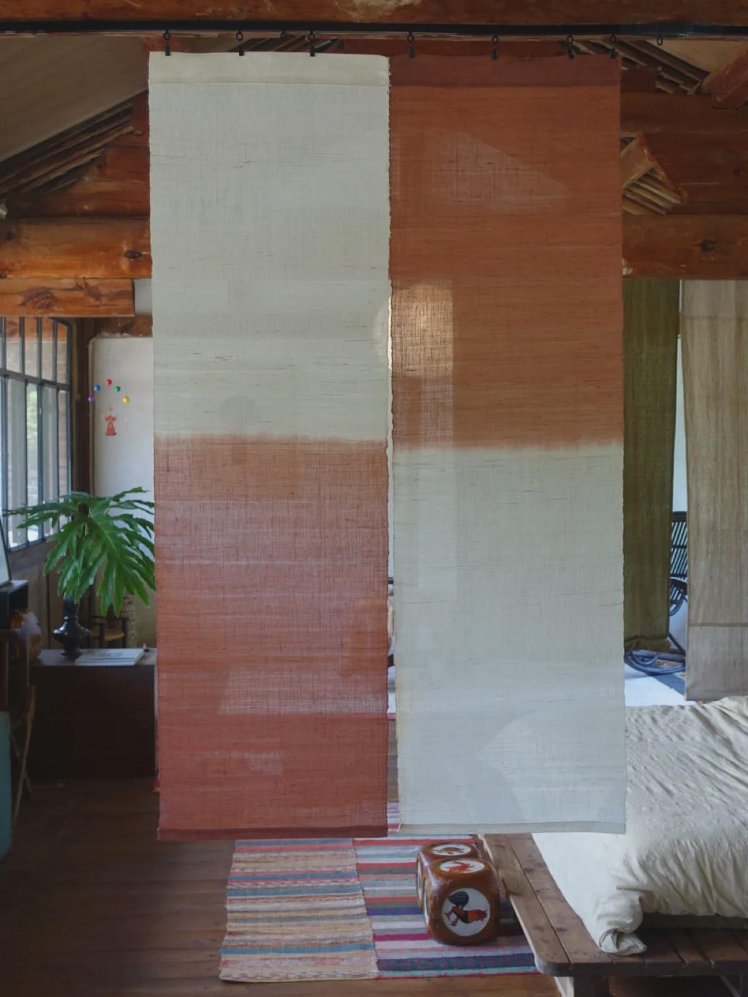 Japanese Art Linen Noren Curtain | Handcrafted Red & White Blocks Room ...
