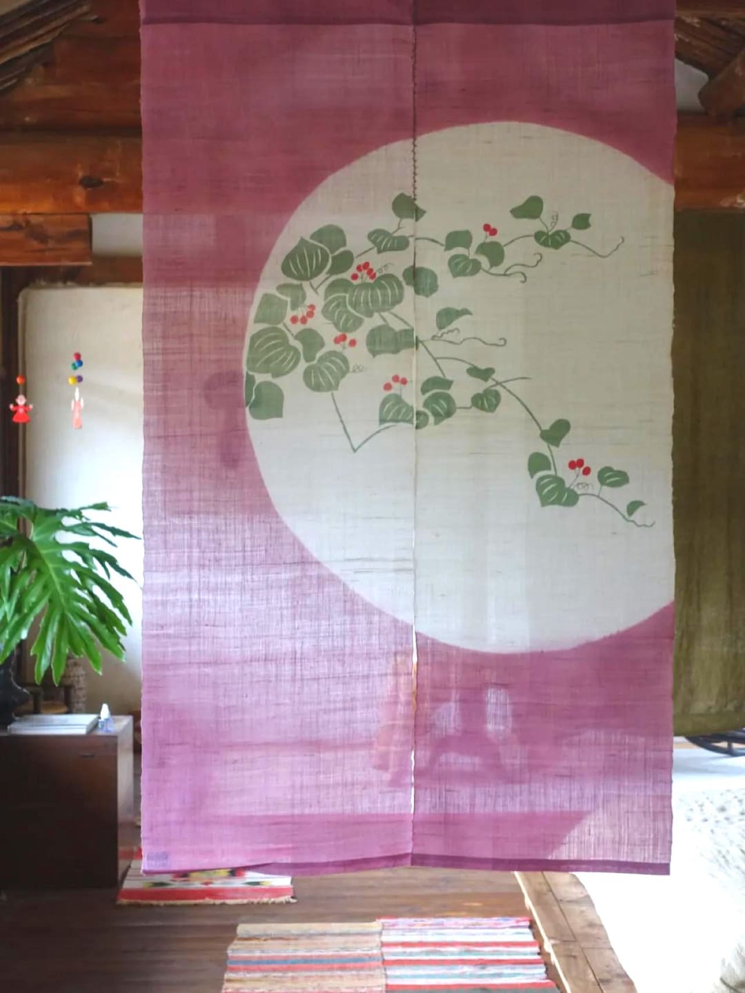 Japanese-style Art Noren Curtains, Handcrafted Pink Floral Pattern Room ...